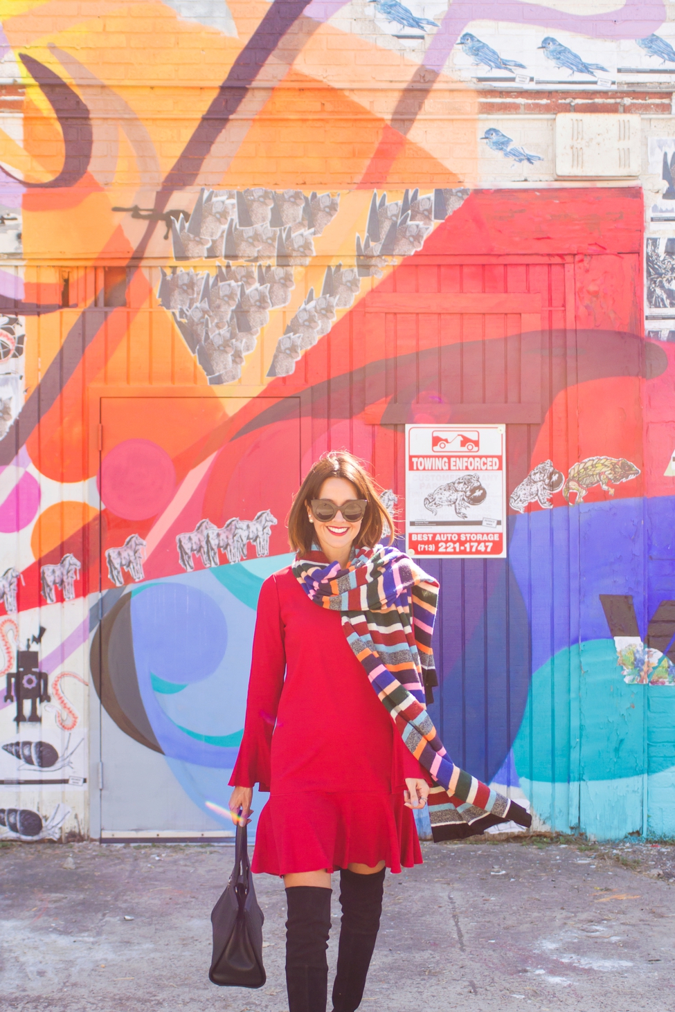 wear-where-well-theory-bell-sleeve-red-dress-colorful-striped-scarf ...